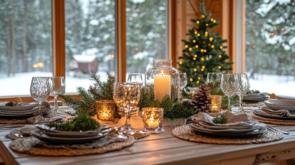 Christmas Dinner Table Setting in Snowy Cabin Stock Image - Image of ...