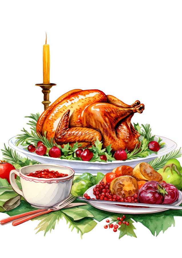 Christmas Dinner Watercolor Winter Border Stock Illustration ...