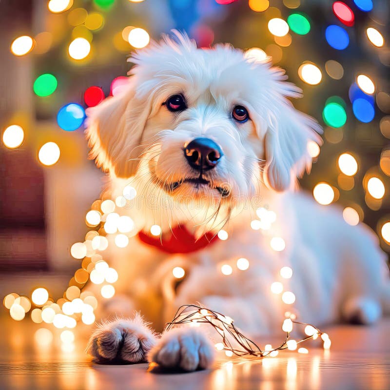 Christmas Dog Tangled in Lights Stock Illustration - Illustration of ...