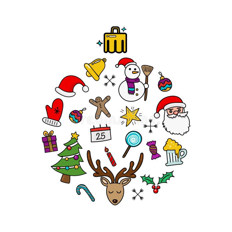 Christmas Doodles Color Elements Laid Out in Shape of Christmas Ball ...