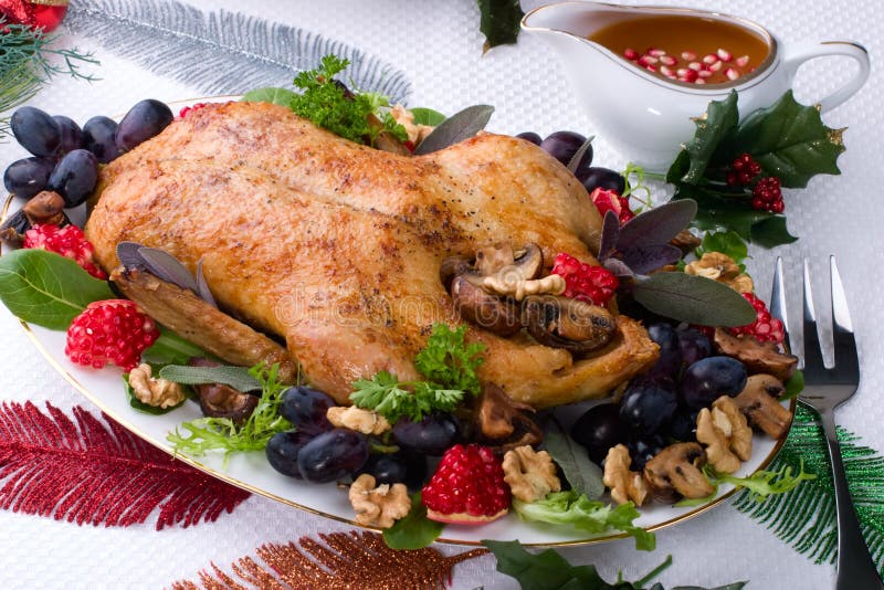 Christmas Duck on Holiday Table Stock Image - Image of stuffing, food ...