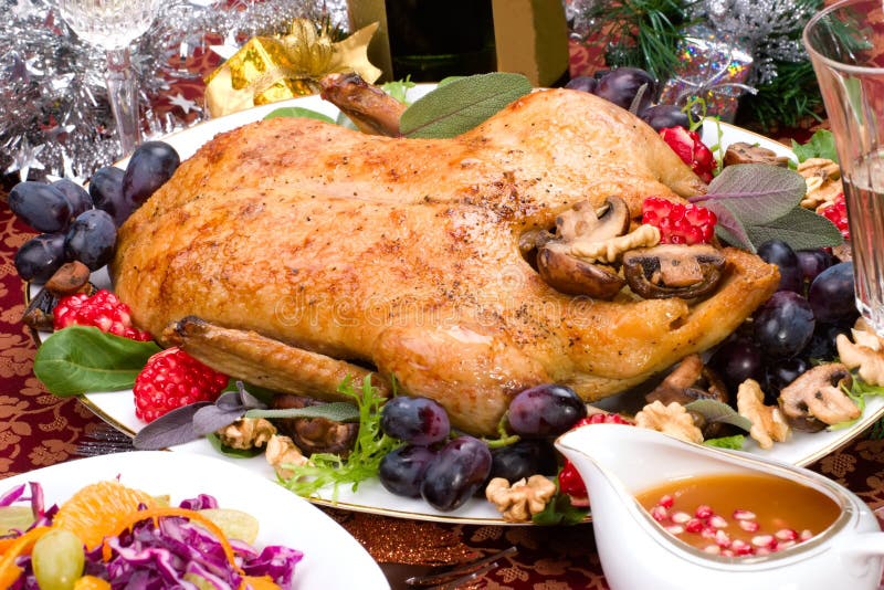 Christmas Duck on Holiday Table Stock Image - Image of garnished, baked ...