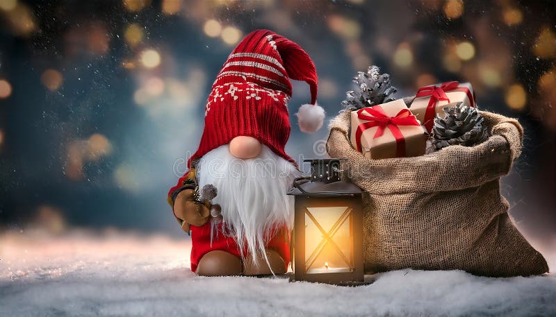 A Christmas Dwarf Wearing a Red Hat, White Beard, Lantern and Sack of ...