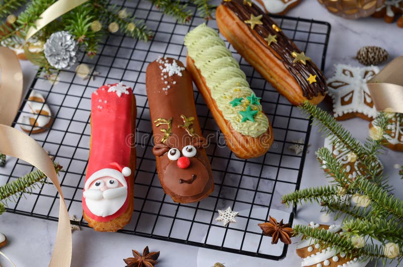 Christmas Eclairs, Glazed Festive Dessert on Bright Background Stock ...