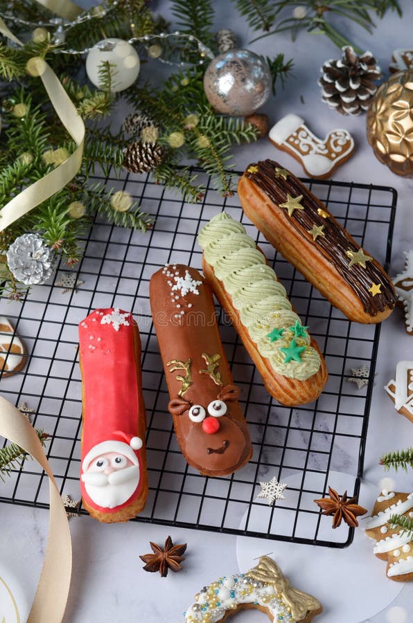 Christmas Eclairs, Glazed Festive Dessert on Bright Background Stock ...