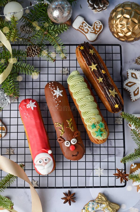 Christmas Eclairs, Glazed Festive Dessert on Bright Background Stock ...