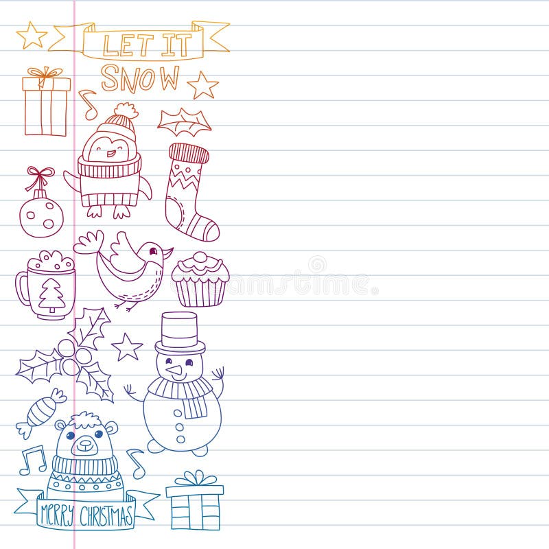 Christmas Element in Doodle Kids Drawing Style. Vector Pattern. Stock ...