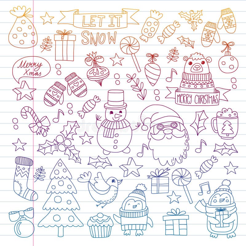 Christmas Element in Doodle Kids Drawing Style. Vector Pattern. Stock ...
