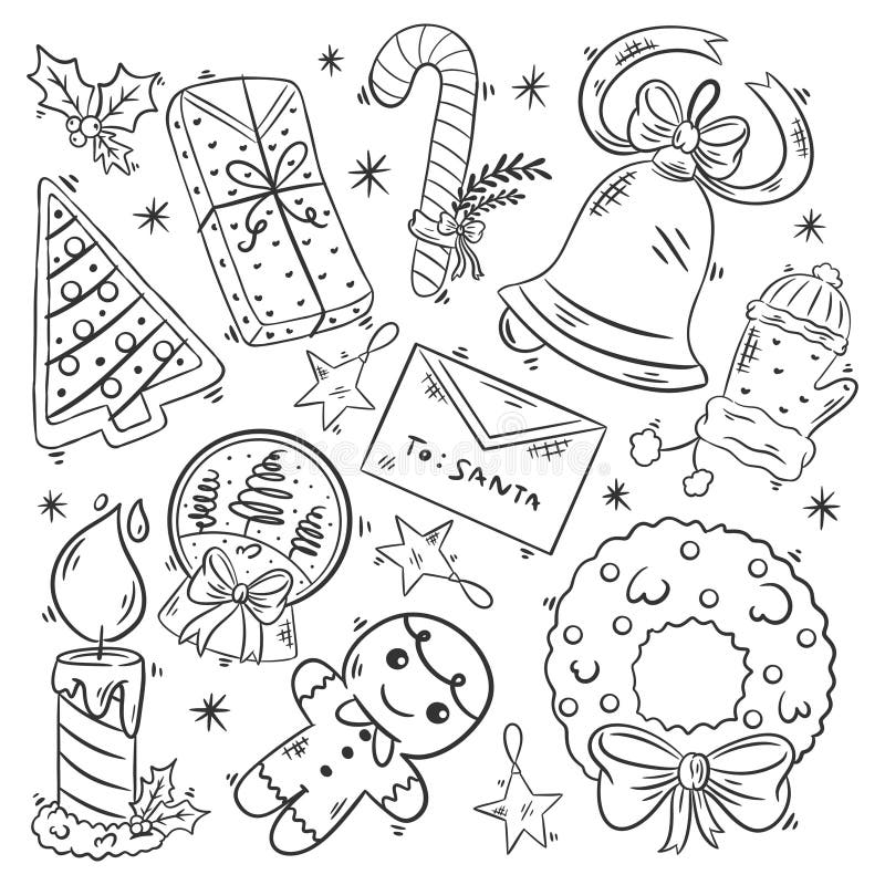Christmas Elements Icons Collection Hand Drawn Coloring Stock Vector ...