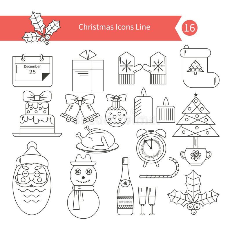 Christmas Elements Outline Icons Set Stock Illustration - Illustration ...
