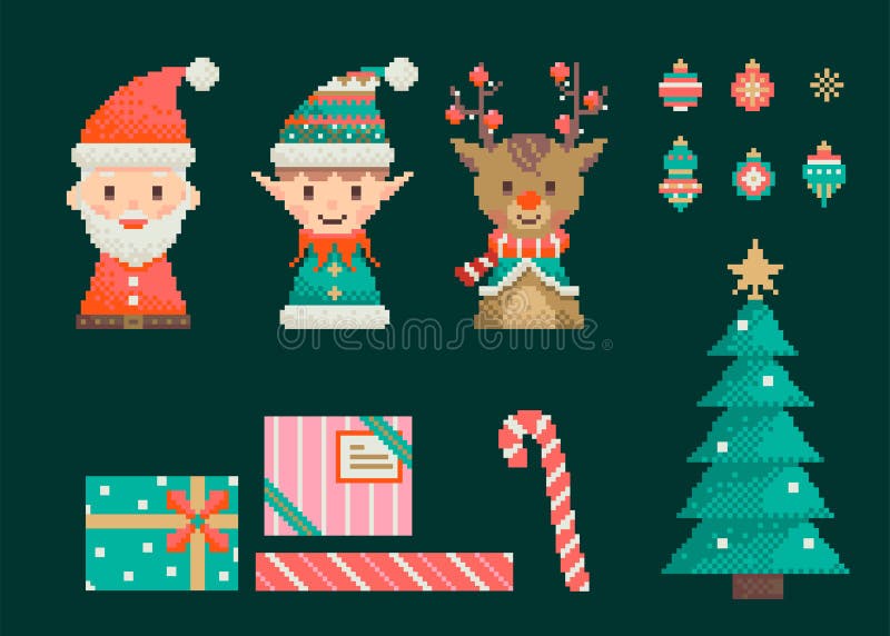 Christmas Elements Pixel Art Set Stock Vector - Illustration of bauble ...
