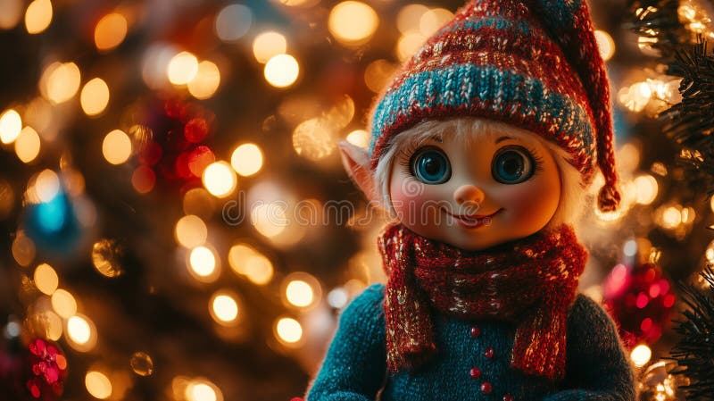 Christmas Elf Doll Standing in Front of Christmas Lights Stock Photo ...