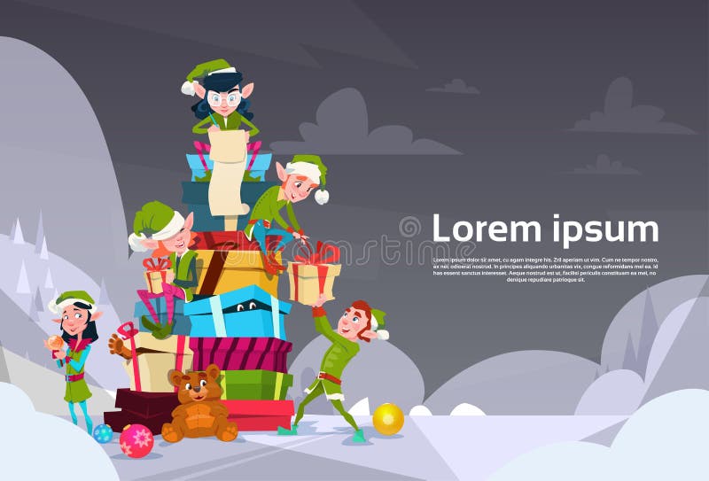 Christmas Elf Group Cartoon Character Santa Helper with Present Box ...