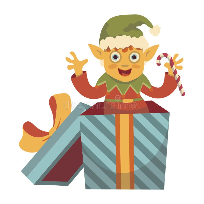 Christmas Elf Jumping Out of a Big Box Vector Christmas New Year Stock ...