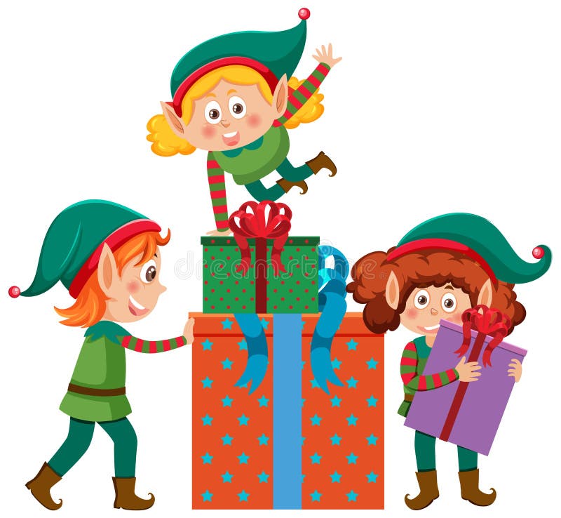 Christmas Elf Kids with Gift Boxes Stock Vector - Illustration of santa ...