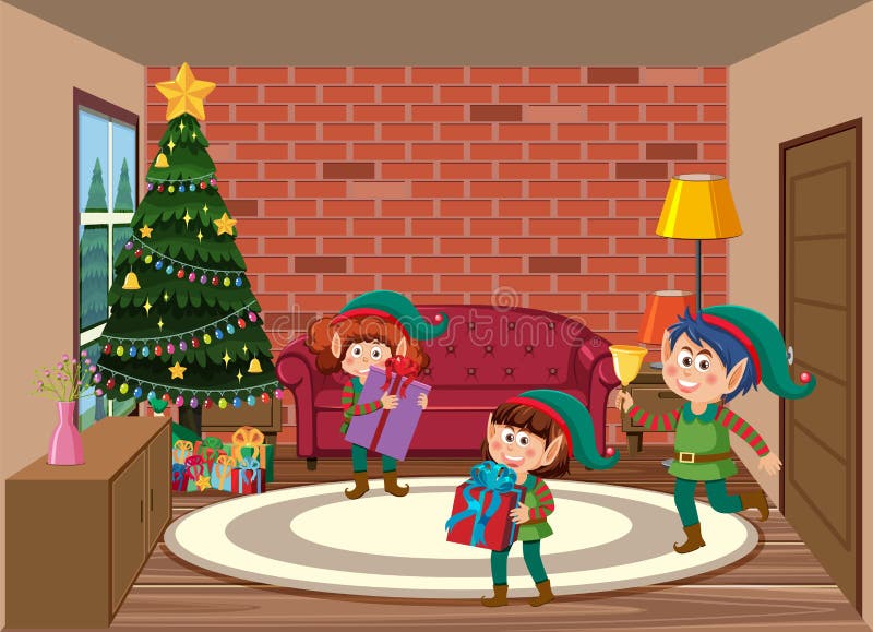 Christmas Elf Kids in the Room Scene Stock Vector - Illustration of ...