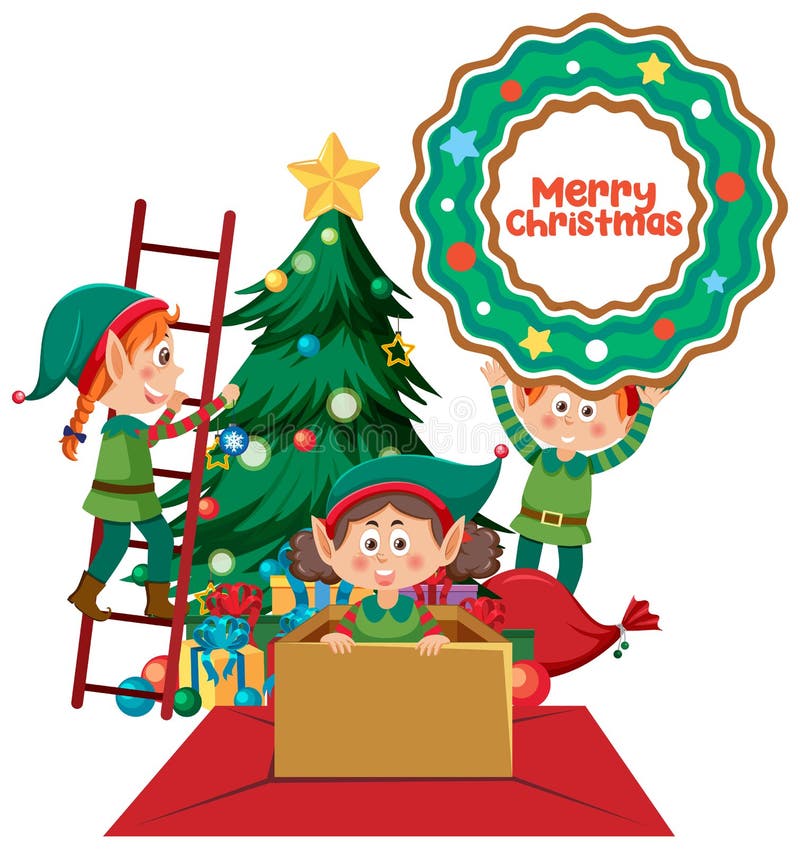 Christmas Elf Kids with Christmas Tree Stock Vector - Illustration of ...