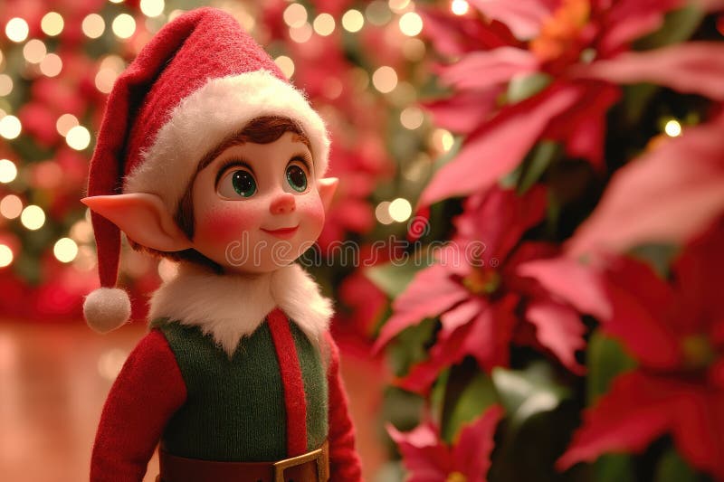 Christmas Elf Smiling and Standing by Poinsettia and Christmas Lights ...