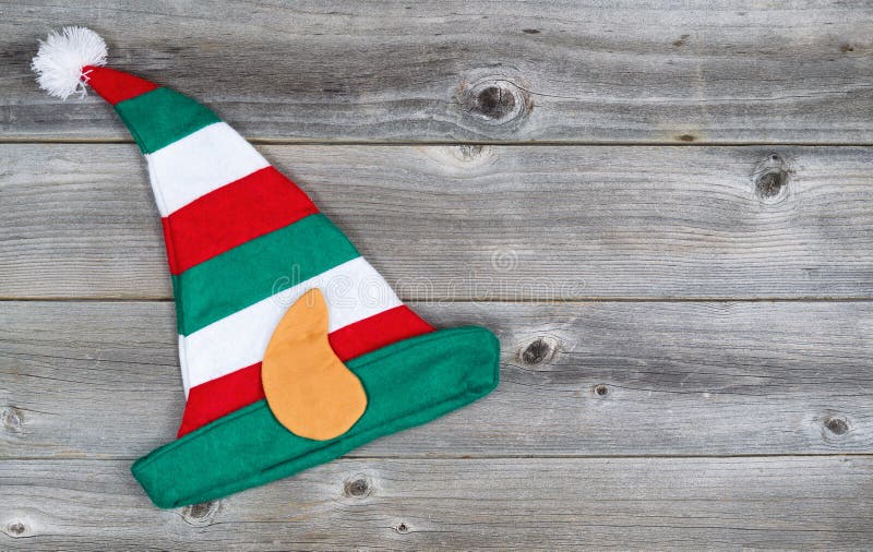 Christmas Elf Stocking on Rustic Wood Stock Image - Image of horizontal ...