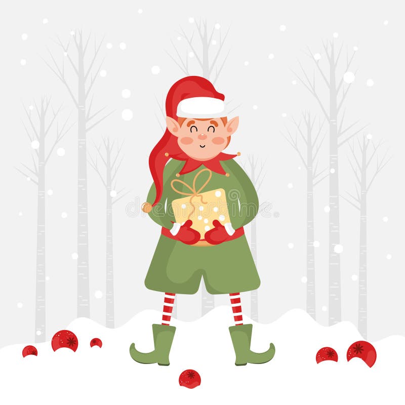 Christmas Elf Walking with Christmas Gift, Vector Stock Illustration ...