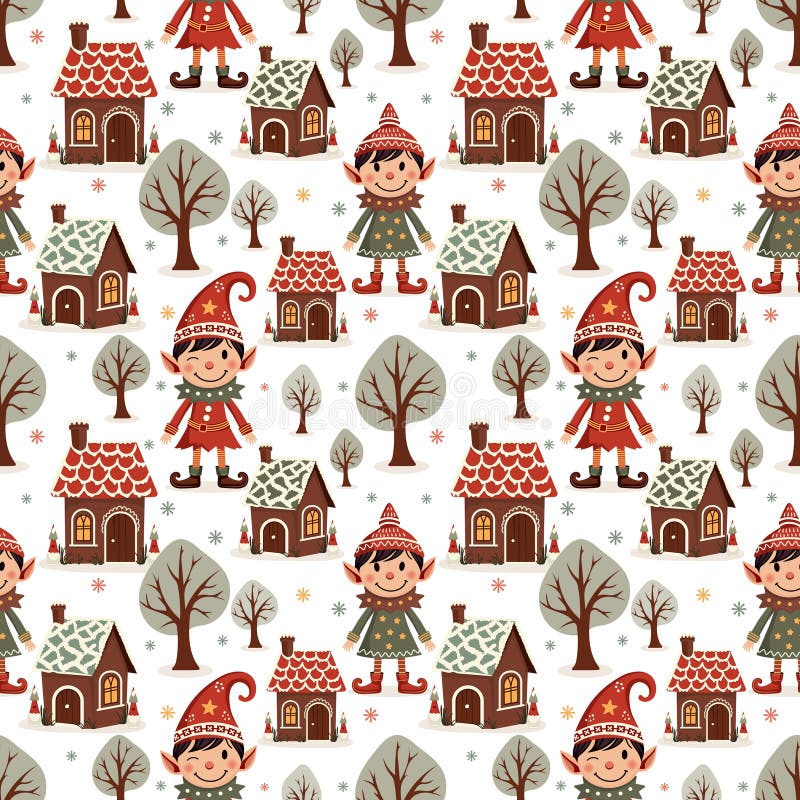 Christmas Elves on the Background of Houses Stock Illustration ...