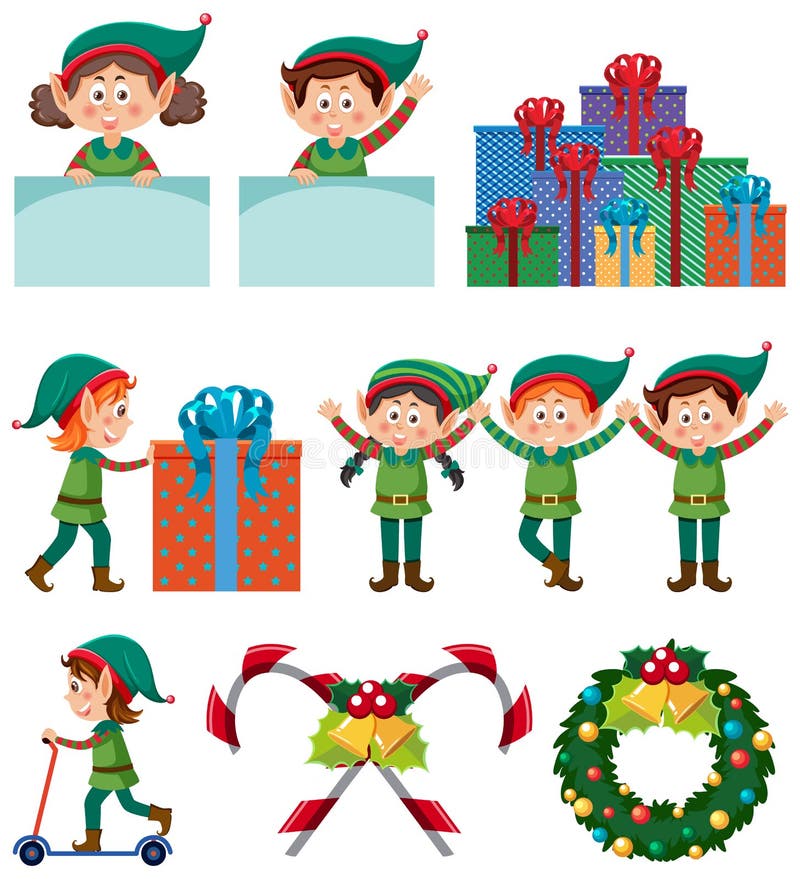 Christmas Elves Cartoon Characters Set Stock Vector - Illustration of ...