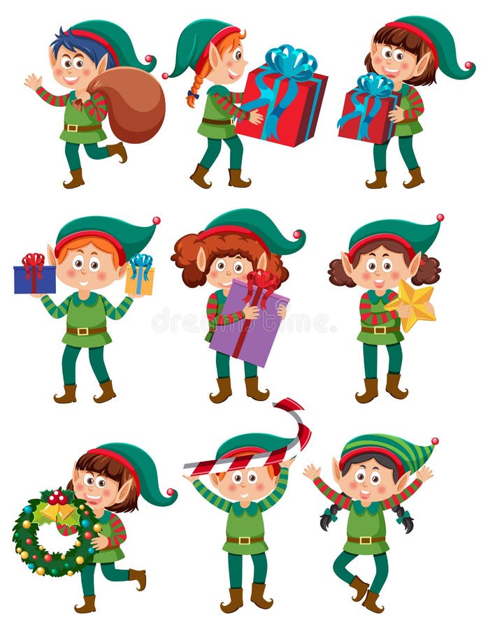 Christmas Elves Cartoon Characters Set Stock Vector - Illustration of ...