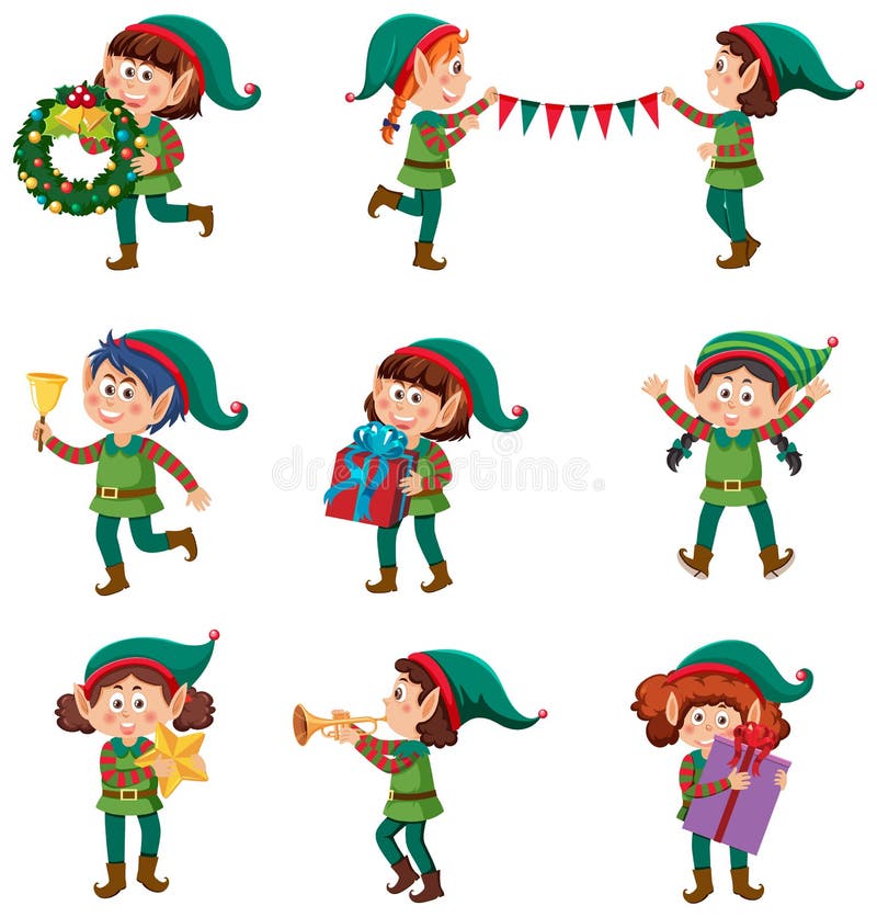 Christmas Elves Cartoon Characters Set Stock Vector - Illustration of ...