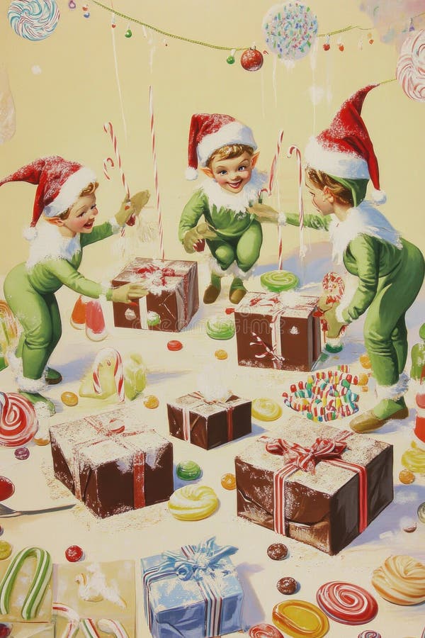 Christmas Elves Wrapping Presents Surrounded by Candy Stock Photo ...
