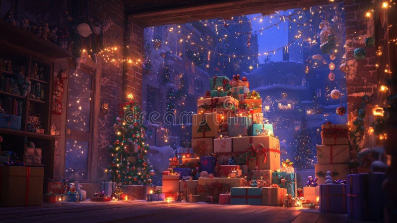 A Christmas Eve Scene with a Stack of Gifts in a Snowy Setting Stock ...