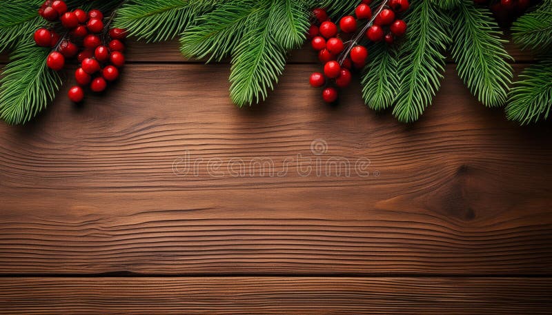 Christmas Evergreen Branches and Berries Over Rustic Wood Background ...