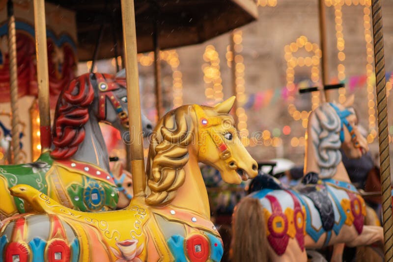 Christmas Fair, Festive Carousel on a Background of Bright Lights Stock ...