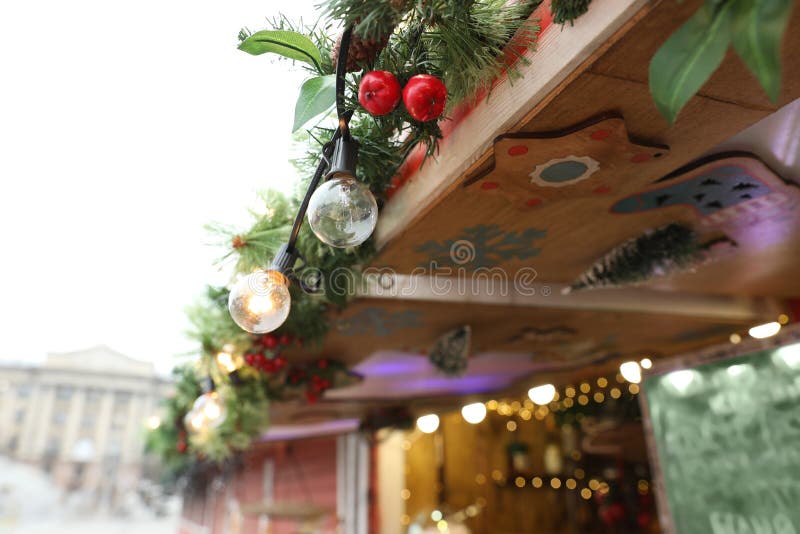 Christmas Fair Stall with String Lights Outdoors, Closeup Stock Image ...