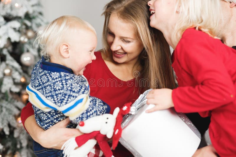 Christmas Family Open Present Gift Bag, Christmas Tree Interior Stock ...