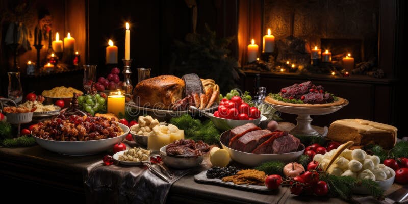 Christmas Feast Table, Many Delicious Dishes. Candles on the Table ...