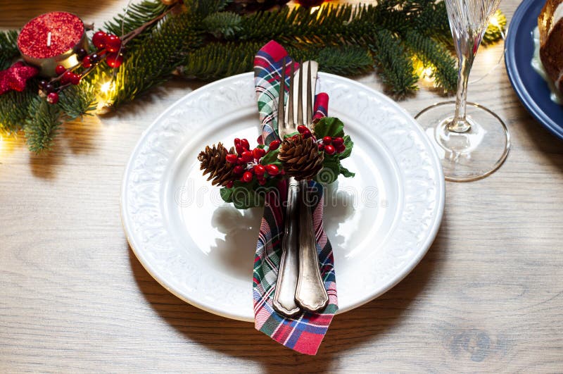 Christmas Festive Table Settings on the Wooden Table. Stock Image ...