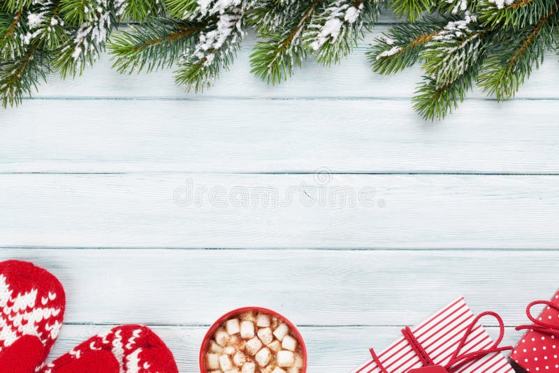 Christmas Fir Tree, Gift Boxes, Hot Chocolate Stock Photo - Image of ...