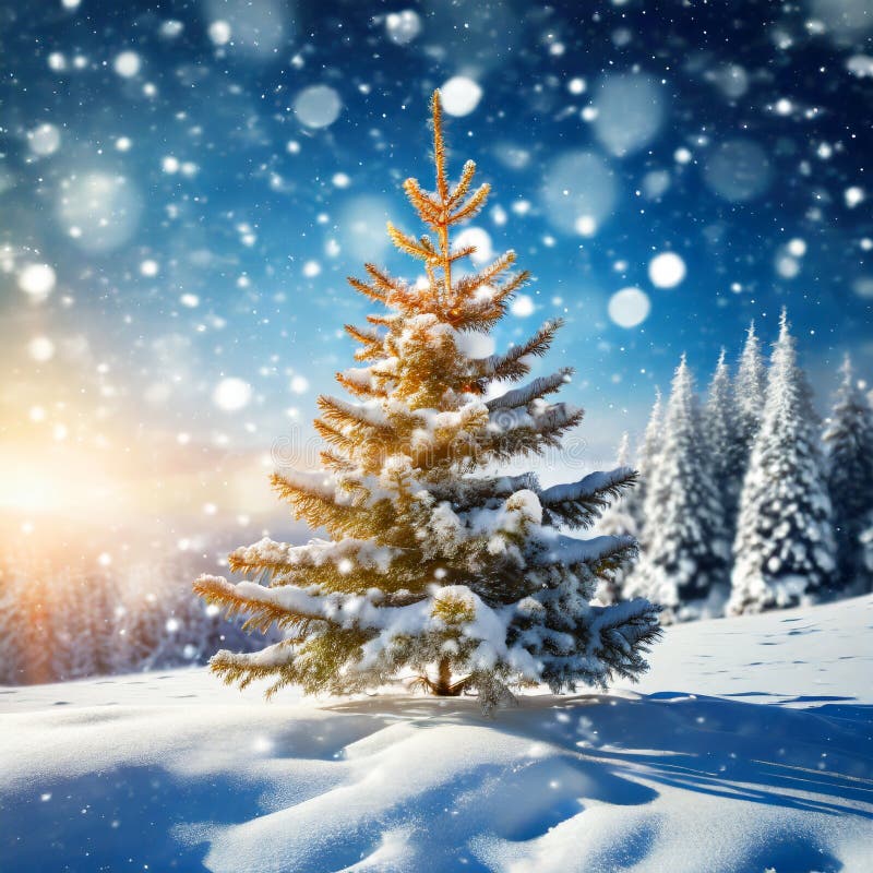Christmas Fir Tree in Snowy Winter Landscape Stock Image - Image of ...