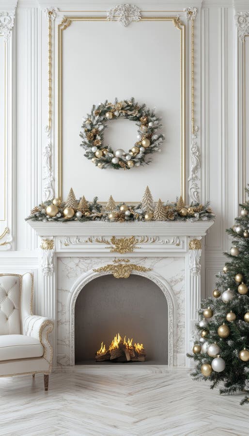 Christmas Fireplace Decor. White Decorated Fireplace with a Christmas ...