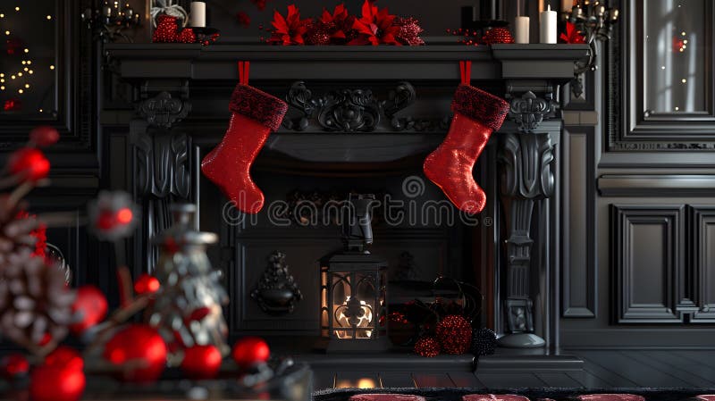 Christmas Fireplace Scene Red Stockings and Black Stock Illustration ...