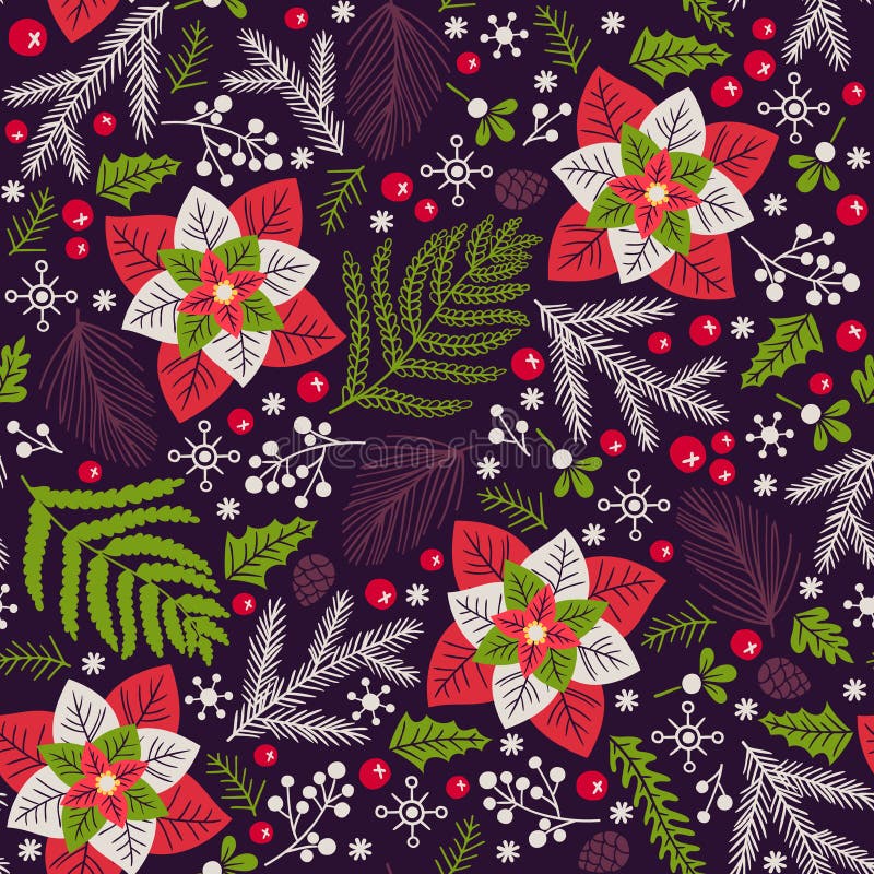 Christmas Floral Seamless Pattern. Vector Hand Drawn Doodle Floral ...