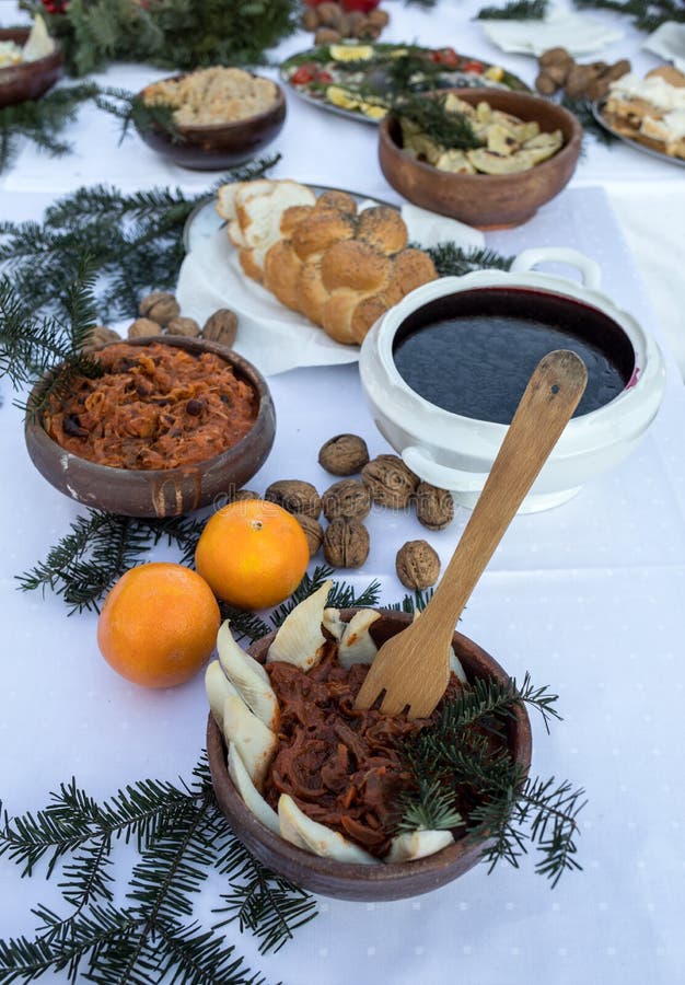 Christmas Food on the Table Decorating with Christmas Tree Stock Image ...