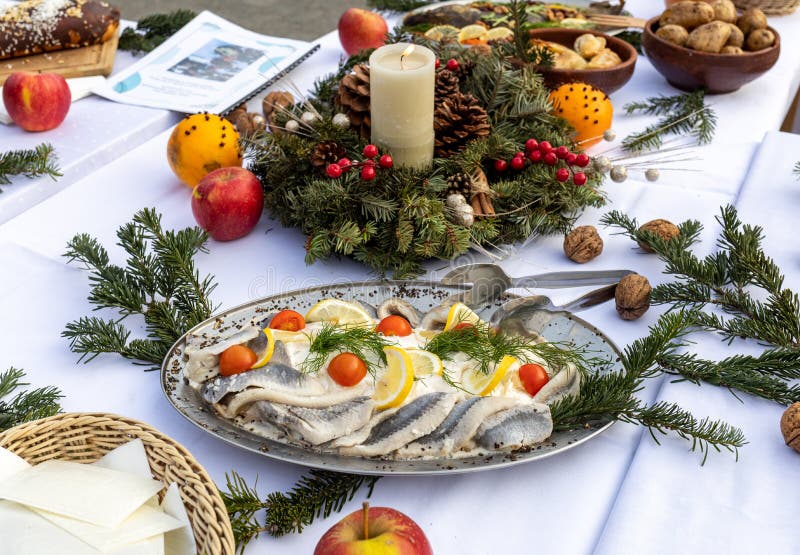 Christmas Food on the Table Decorating with Christmas Tree. Stock Image ...