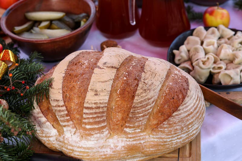 Christmas Food on the Table Decorating with Christmas Tree. Stock Image ...