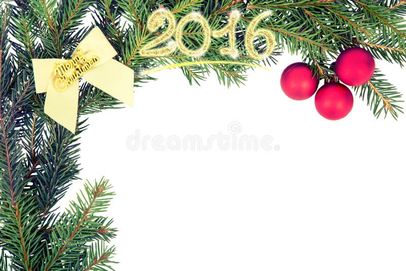 Christmas Frame from Fir Branch with White Bow and Red Ball Stock Image ...