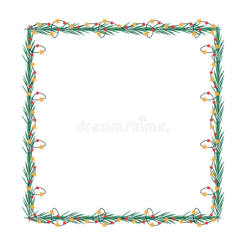 Christmas Frame, Garland with Light Bulbs, Stars, Tree Branch Stock ...