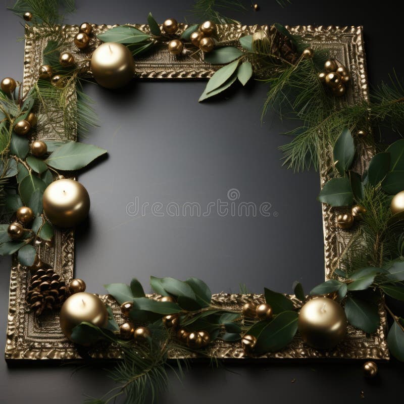 Christmas Frame with Gold Balls and Green Branches, AI Stock Image ...