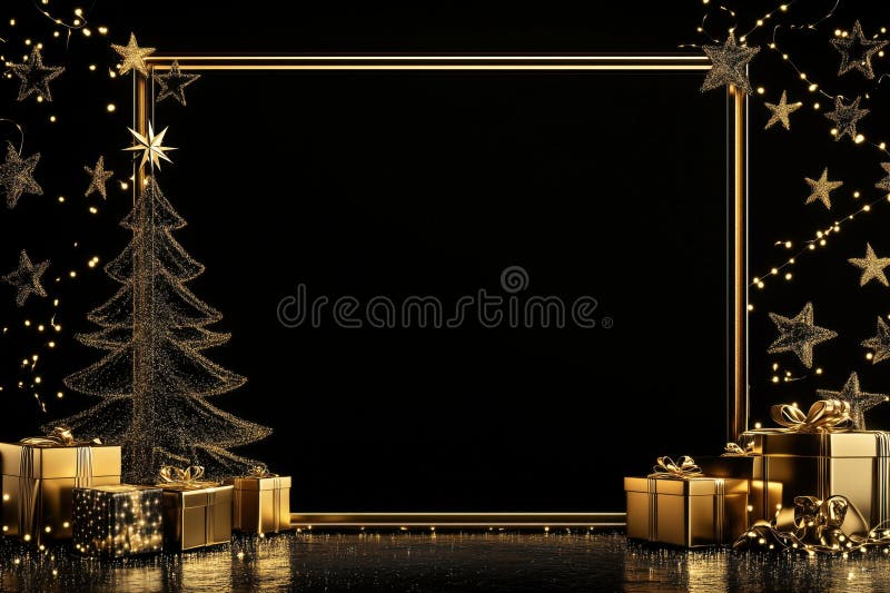 Christmas Frame with Golden Tree, Gifts, Stars, Lights Stock Image ...