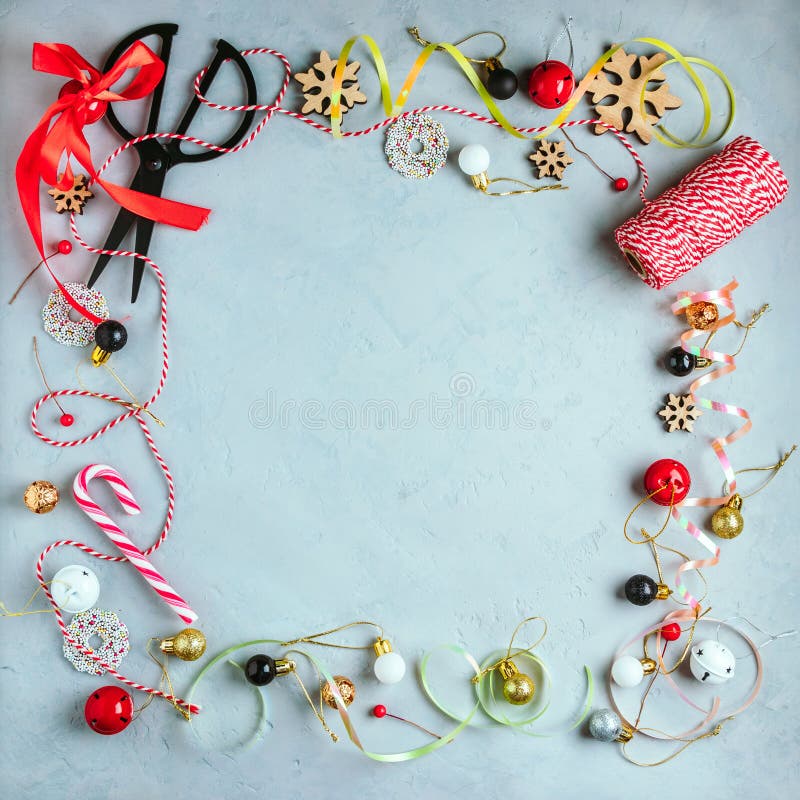 Christmas Frame Made of Decorative Elements, Bows, Toys. Flat Lay, Top ...