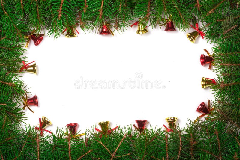 Christmas Frame Made of Fir Branches Decorated with Red Bells Isolated ...